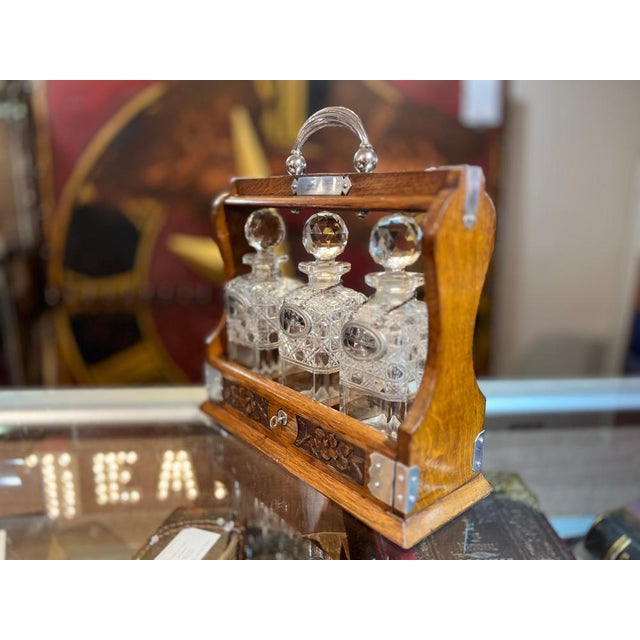 Antique English Oak Tantalus - Original Hand Cut Crystal Decanters ...