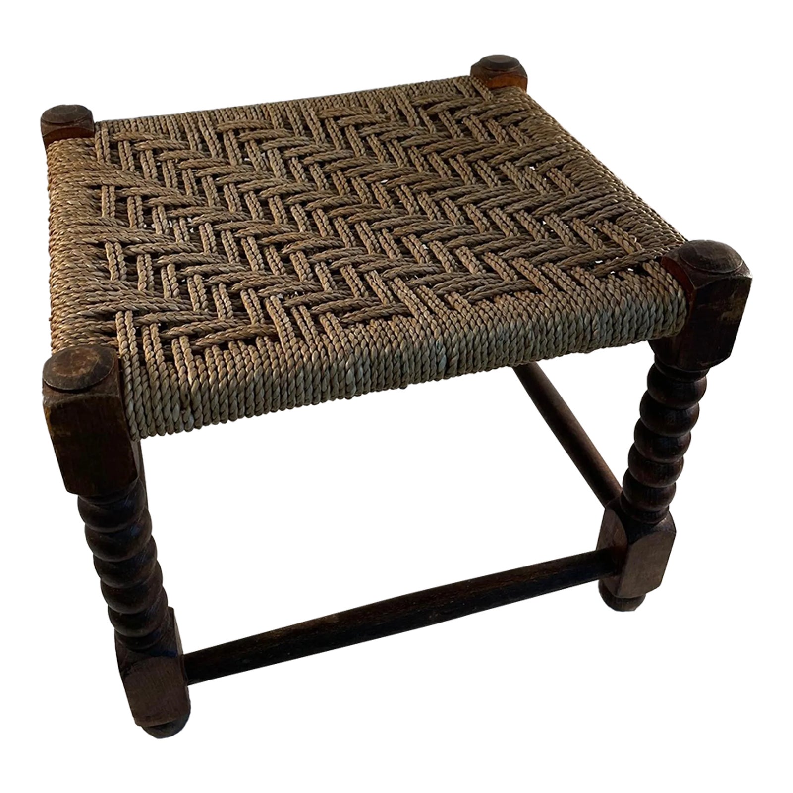 Vintage 1940s English Wood and Woven Rope Footstool | Chairish