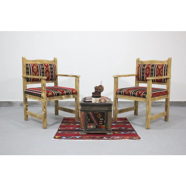 1990s Turkish Wooden Kilim Rug Chairs - a Pair | Chairish