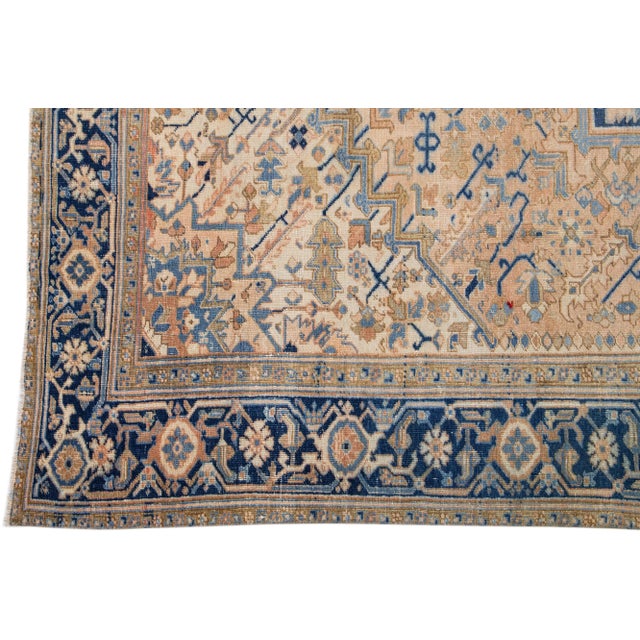 Vintage Handmade Heriz Wool Rug With Medallion Motif in Peach | Chairish