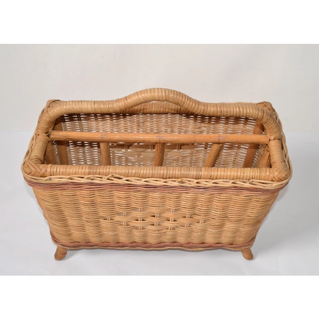 1960 Rattan Bamboo Handwoven Magazine Rack Newspaper Basket | Chairish