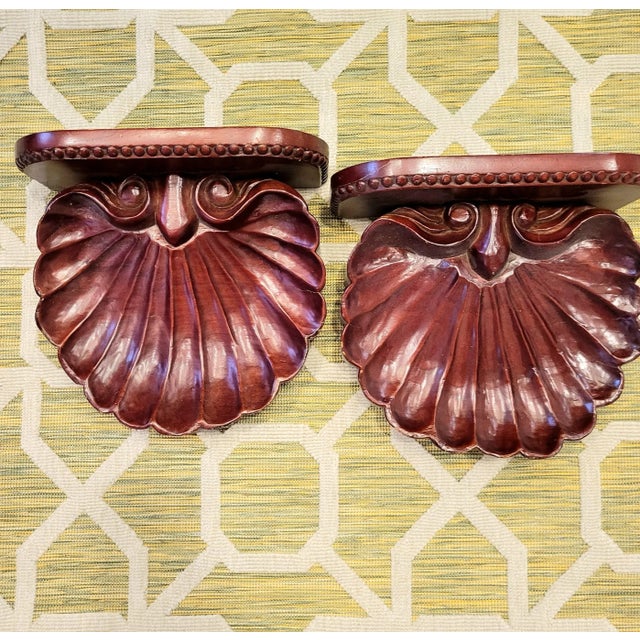 Vintage Large Carved Wood Mahogany Coastal Clam Shell Wall Sconce Shelf ...