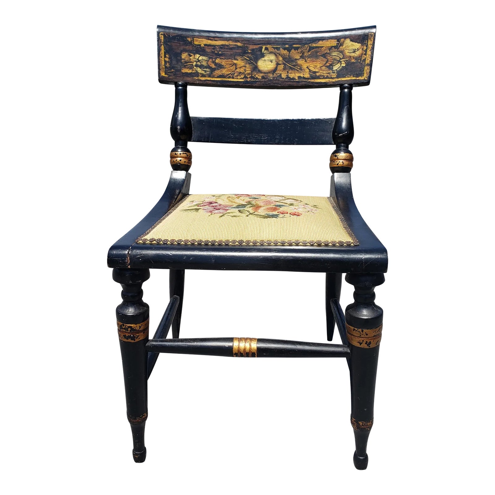 Early American Stencil Decorated Parcel Gilt Ebonized Needlepoint Side ...