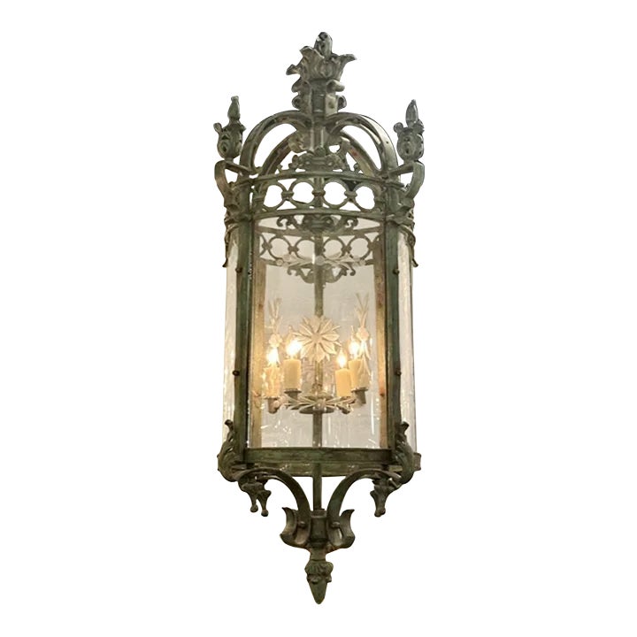 Antique French Iron Patina Verde Lanterns With Etched Glass | Chairish