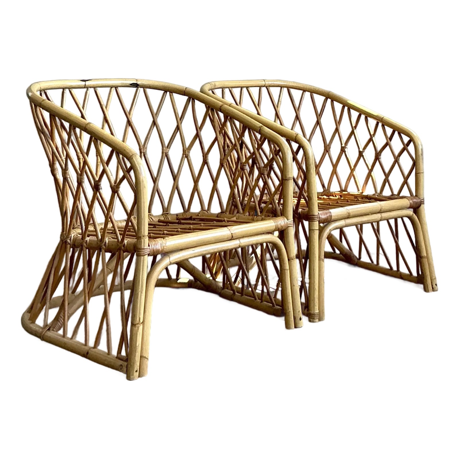 Vintage Coastal Trellis Rattan Lounge Chairs - A Pair | Chairish