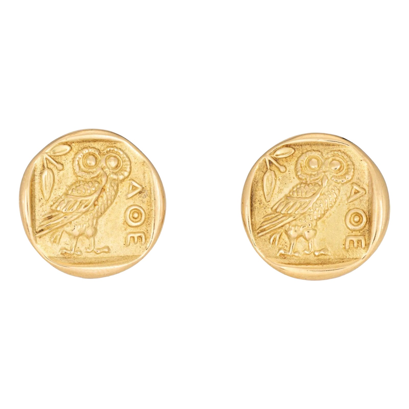 Vintage Aoe Owl Earrings 18k Yellow Gold Round Studs Athena's Owl Lucky ...