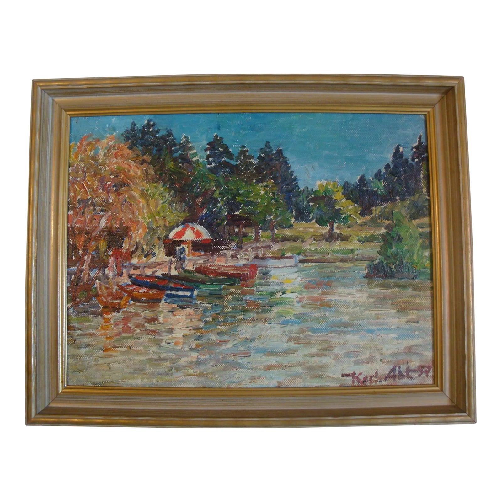 Summer Lake Boats Oil Painting by Karl Abt, 1957 | Chairish