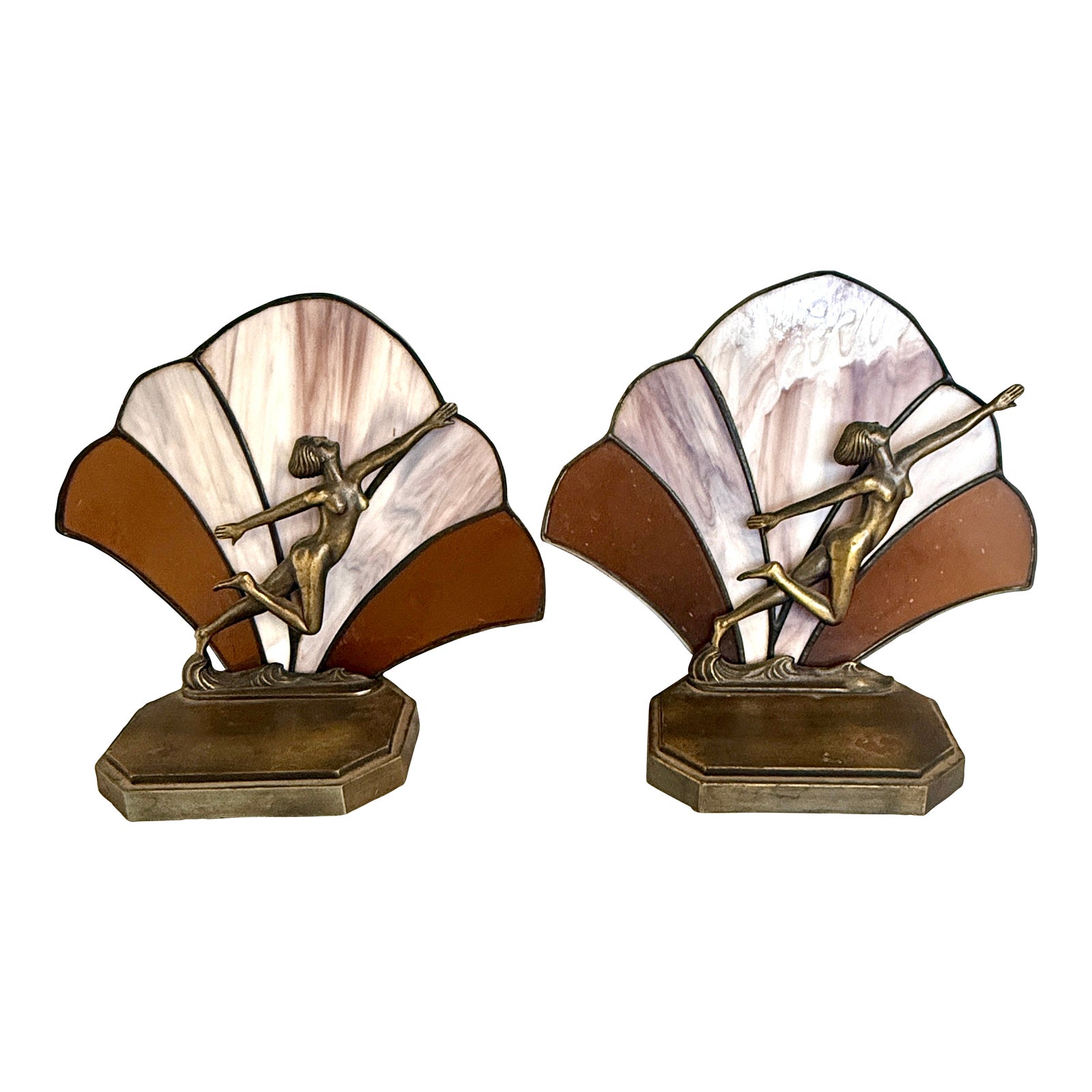 Vintage Art Deco Stained Glass Nude Figurine Lamps Pair | Chairish