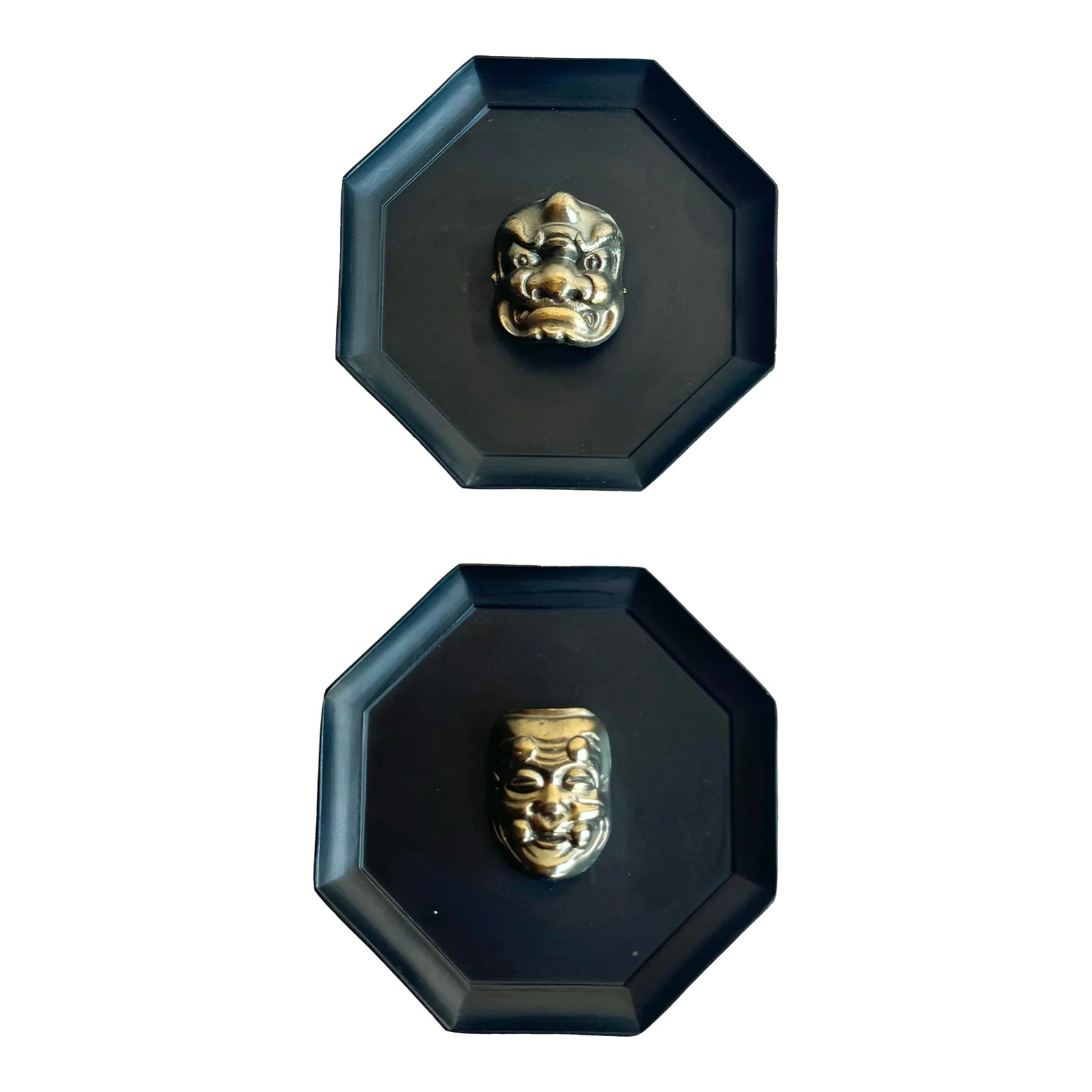 Vintage Brass Kabuki Miniature Masks on Octagonal Black Metal Plaques ...