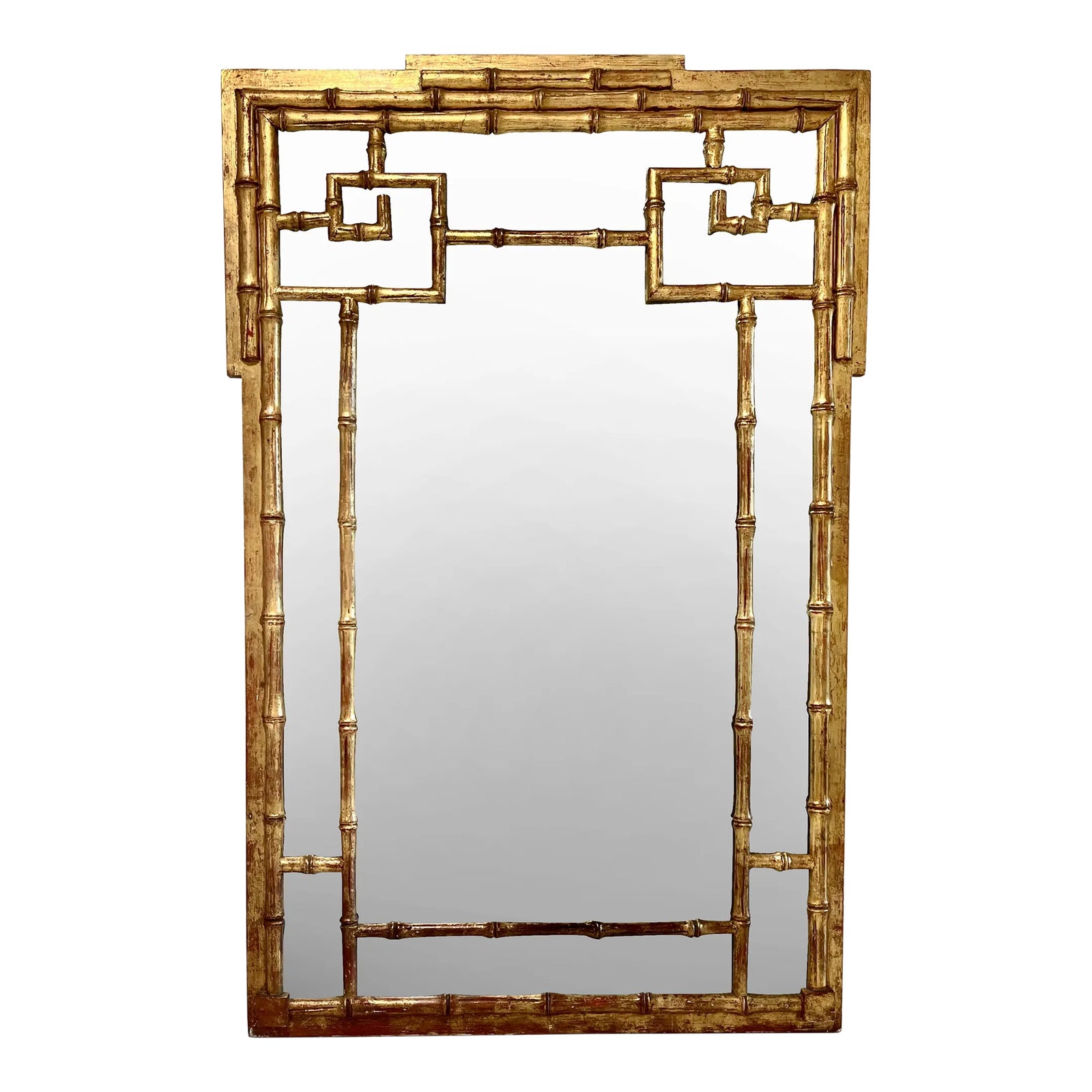 Large Gilt Wood Greek Key Fretwork Faux Bamboo Mirror | Chairish
