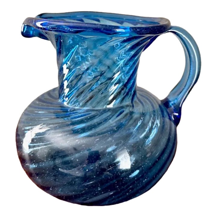 Large Vintage Blue Swirl Glass Pitcher | Chairish