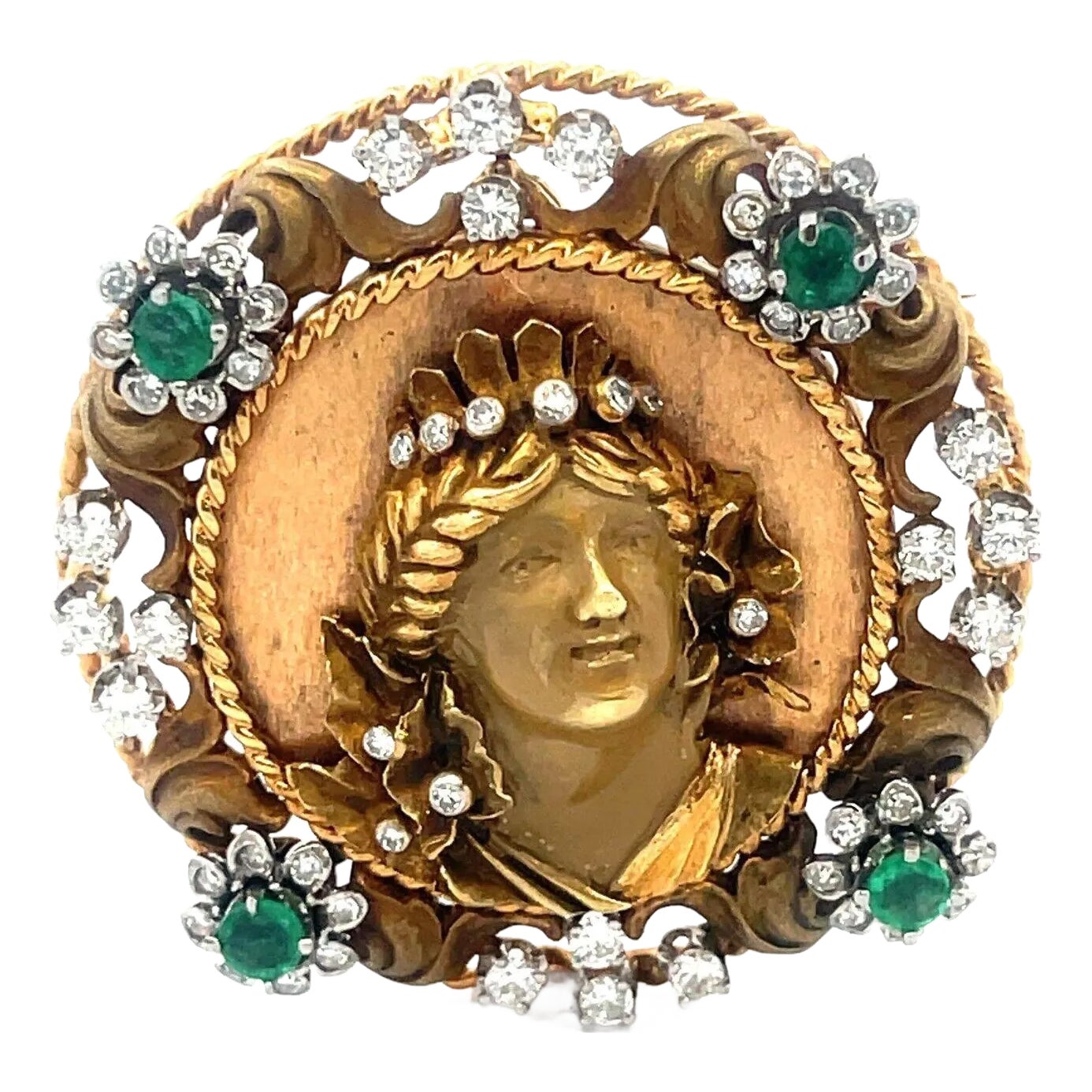 Mario Boschi Emerald Athena Pendant/Pin Cameo 18k Gold Floral Round NY ...