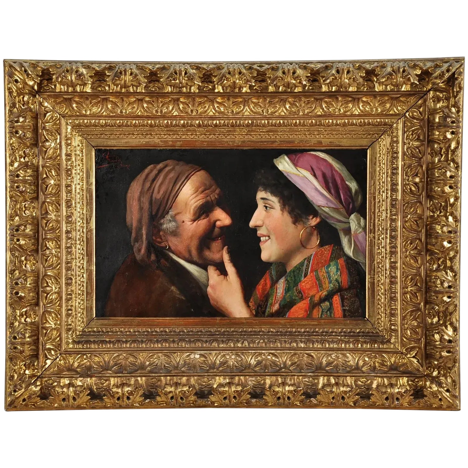 Late 19th Century Claudio Rinaldi Flirtation Oil on Canvas | Chairish