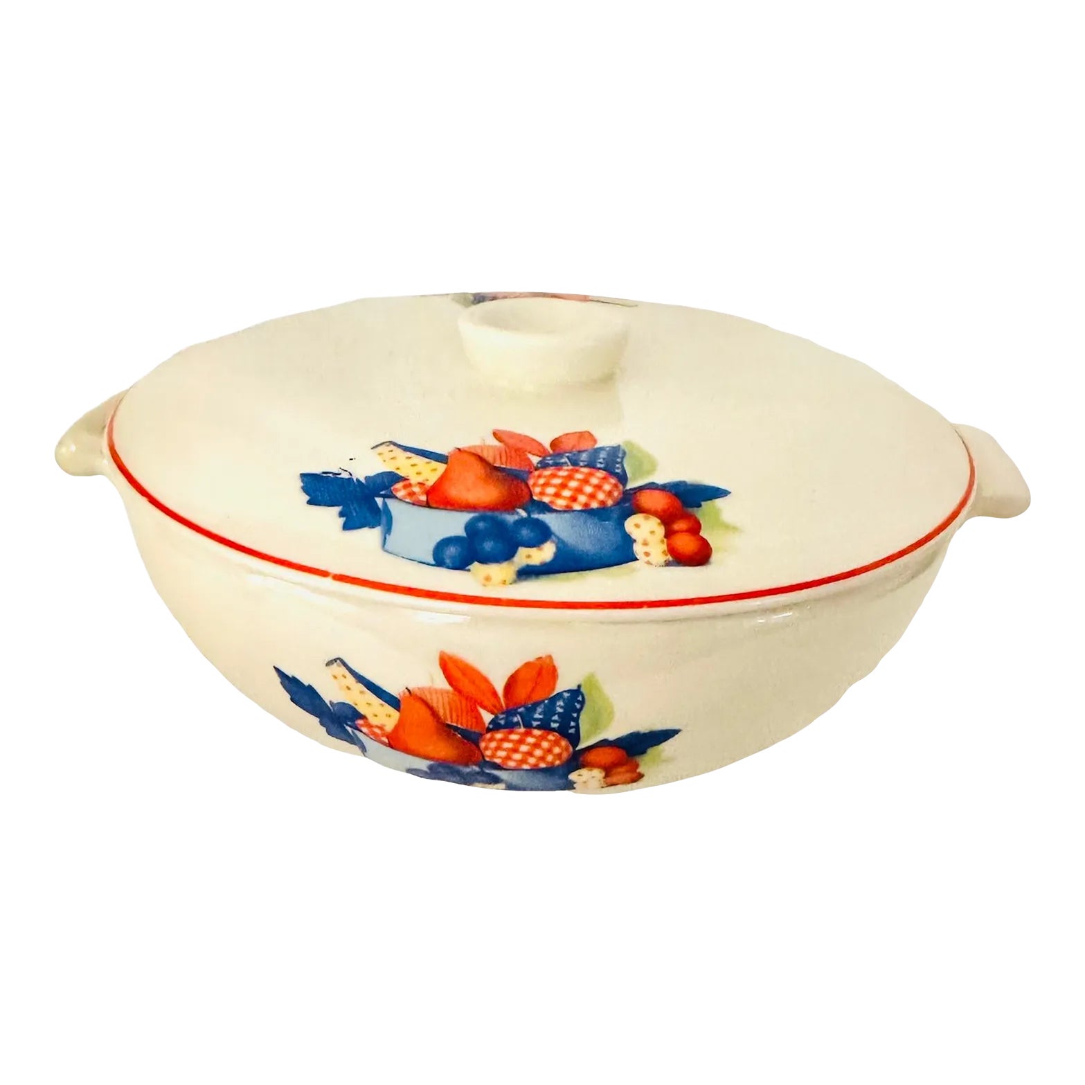 1940's Universal Cambridge Potteries Calico Fruit Casserole Dish | Chairish