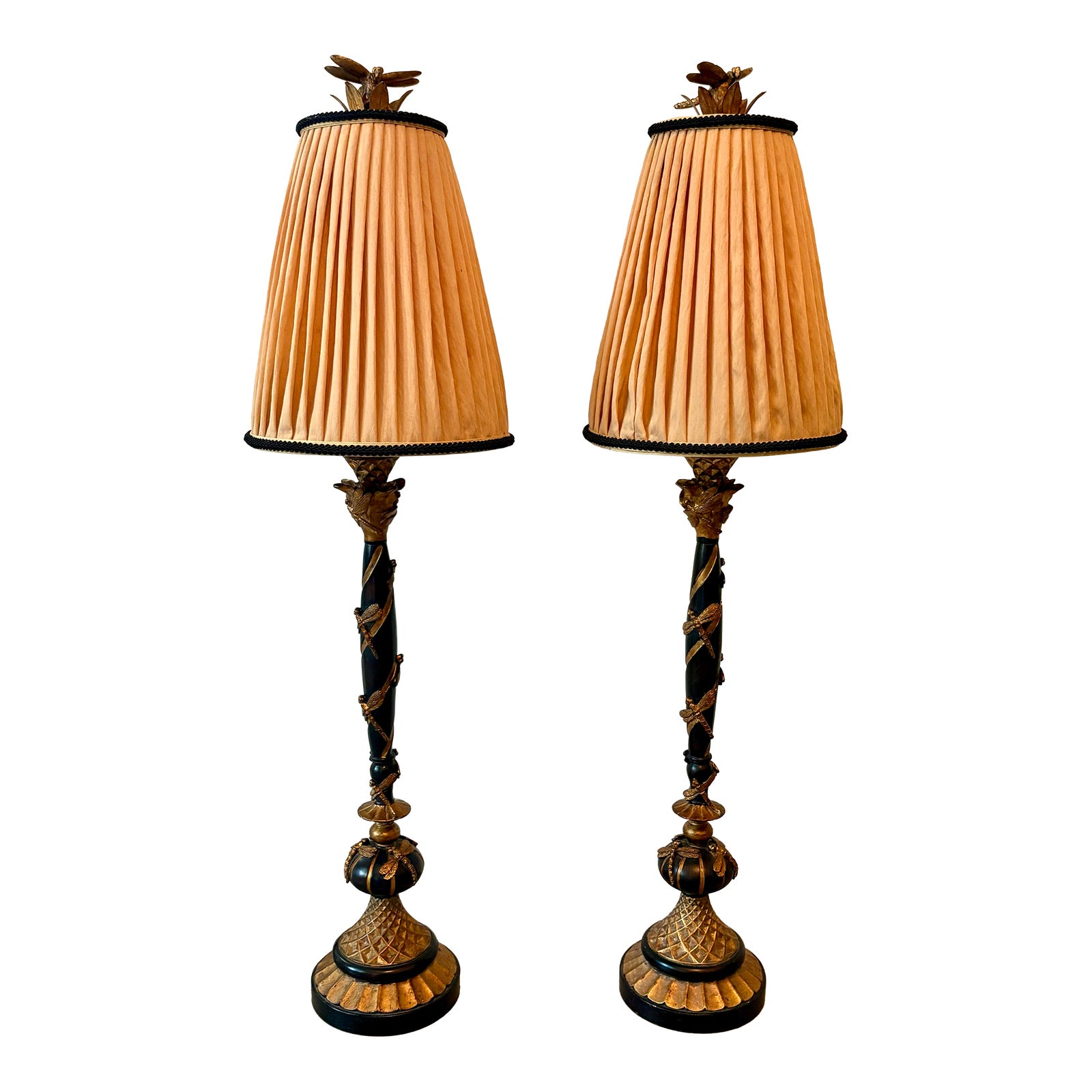 1990s Tall Gold Leaf and Black Dragonfly Column Lamps - A Pair | Chairish