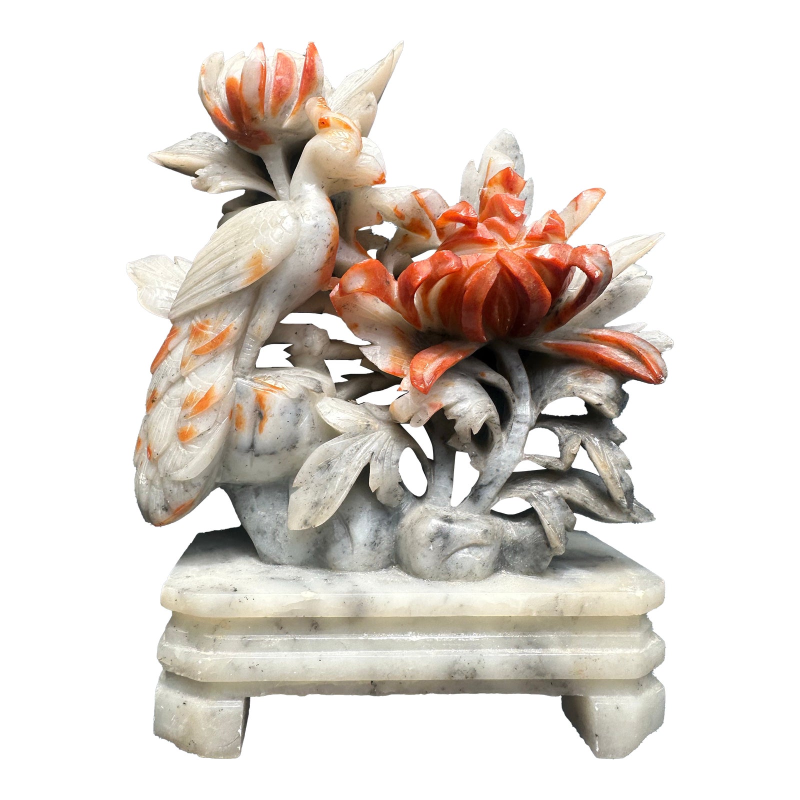 Early 20th Century Phoenix and Flowers Soapstone Sculpture | Chairish