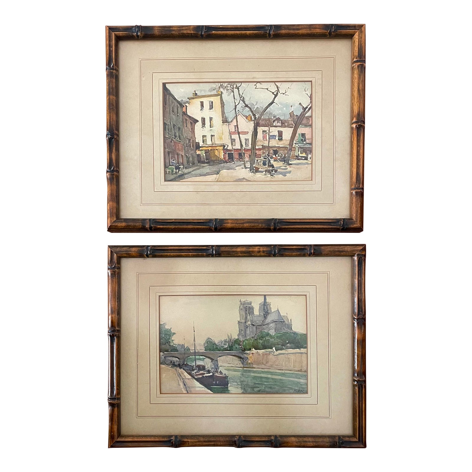 1970s Vintage Matted Postcards in Faux Bamboo Framed, a Pair | Chairish