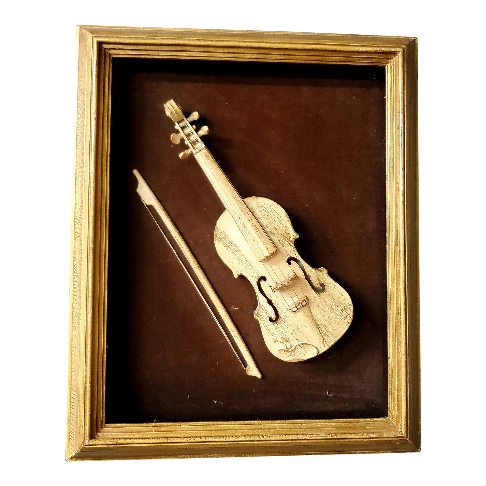 Vintage Wooden Violin Sculpture Mounted in Gold Frame | Chairish