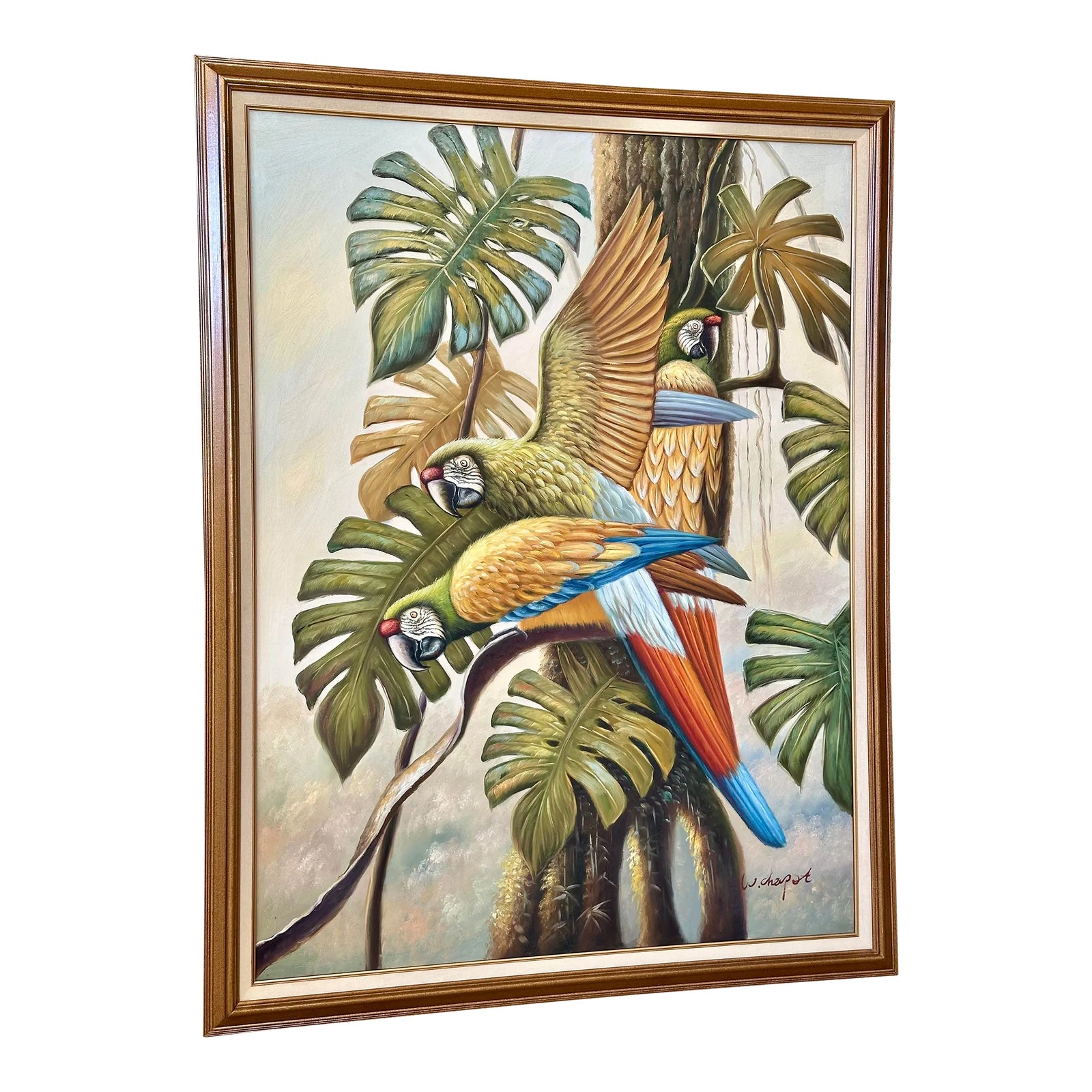 Coastal Tropical Signed Parrot Foliage Framed Oil Painting | Chairish