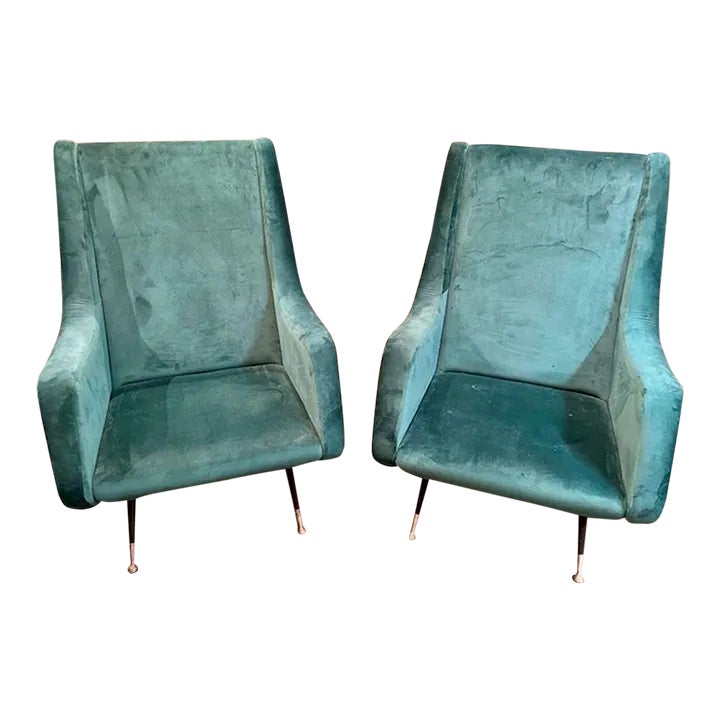 Pair of MCM Green Velvet Armchairs After Marco Zanuso | Chairish