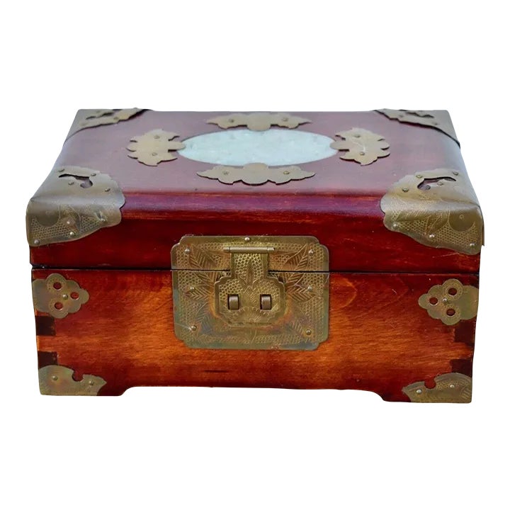 Vintage Chinese Decorative Square Box W/Carved Stone & Brass Mounts ...