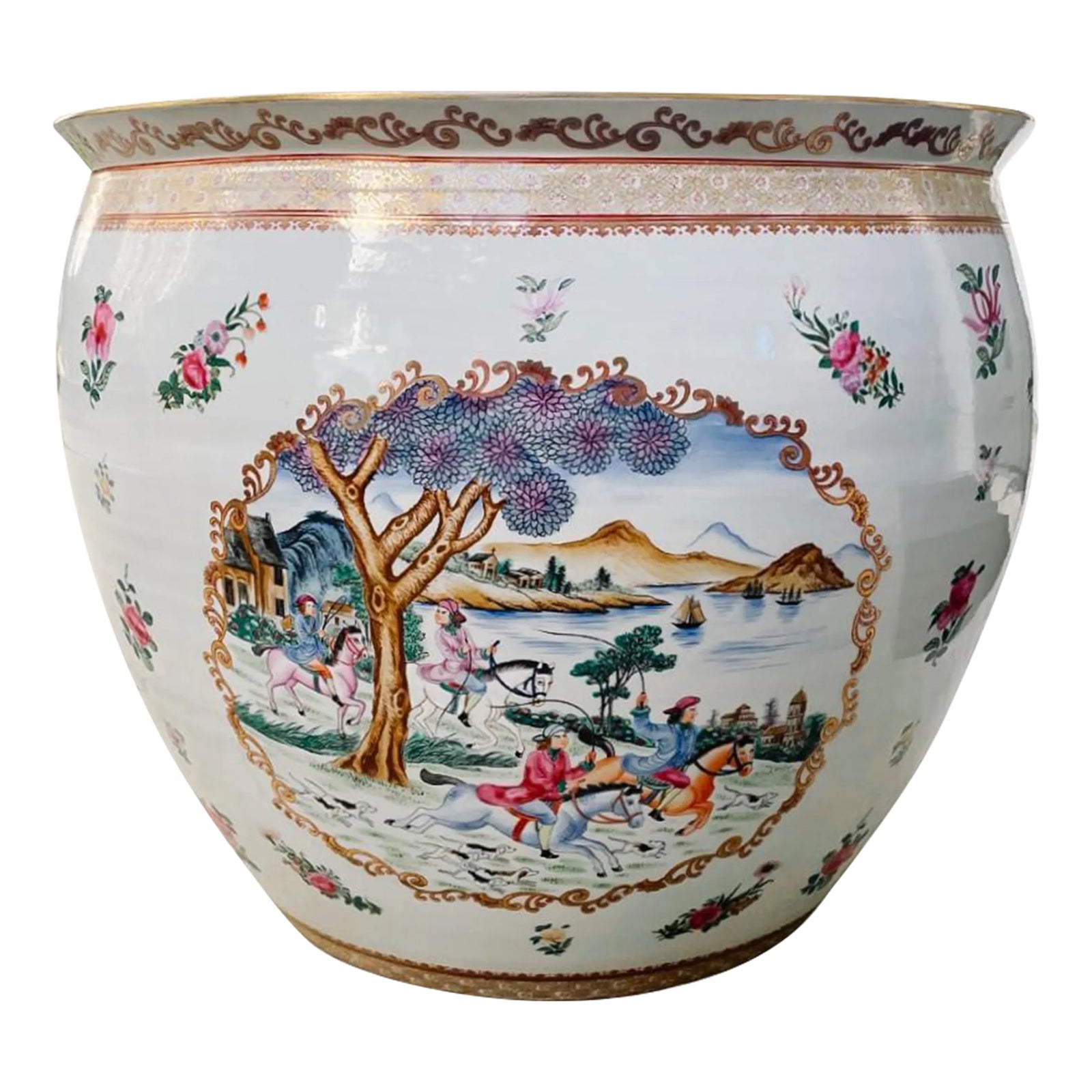 Vintage Chinese Export Hunting Scene Fish Bowl Planter | Chairish