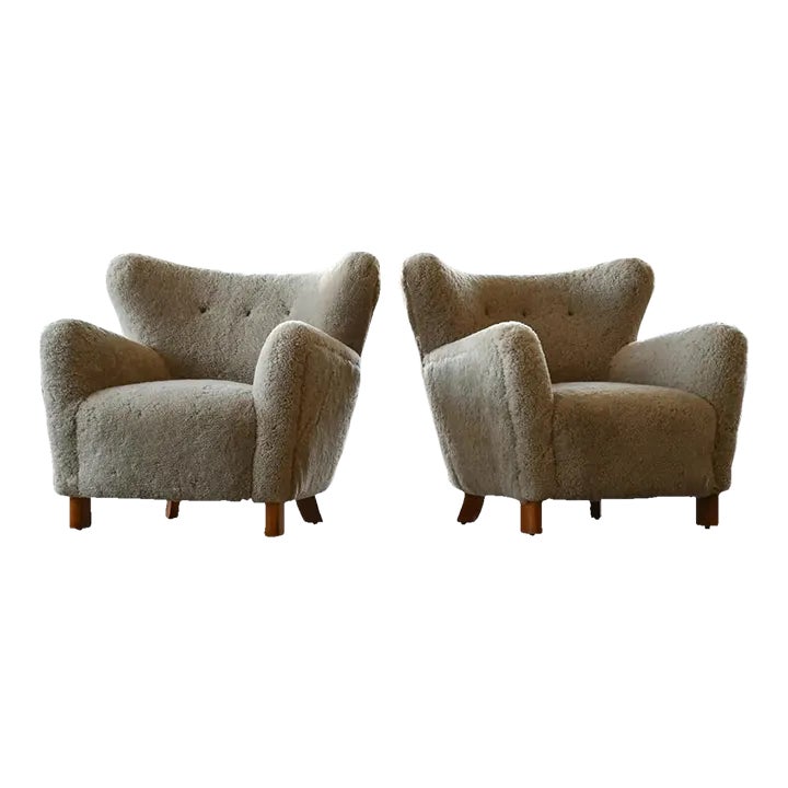 Pair of 1940's Style Classic Club or Lounge Chairs in Grey Shearling ...
