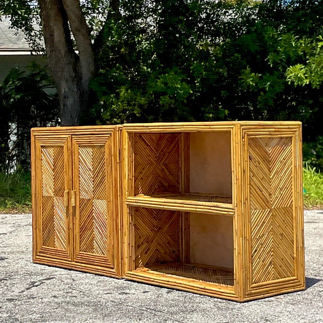 Vintage Costal Chevron Pencil Reed Cabinets - Set of 2 | Chairish