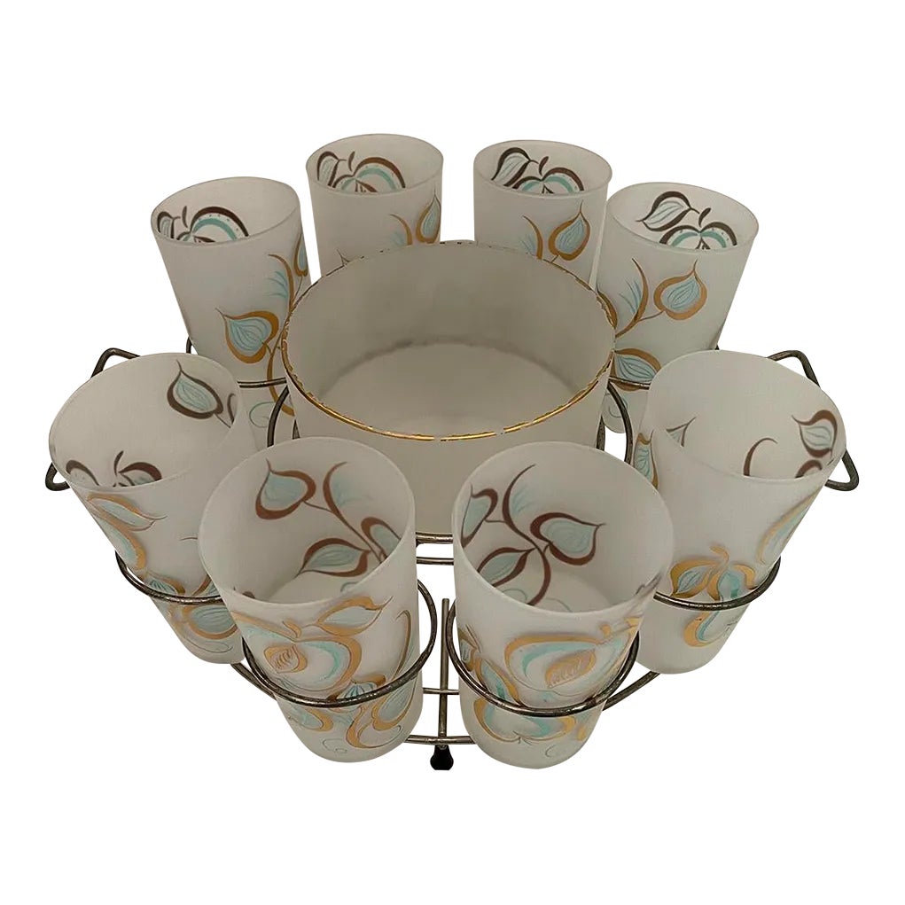 Mid Century Frosted Glass Cocktail Set Glasses With Ice Bucket, Swizzle ...
