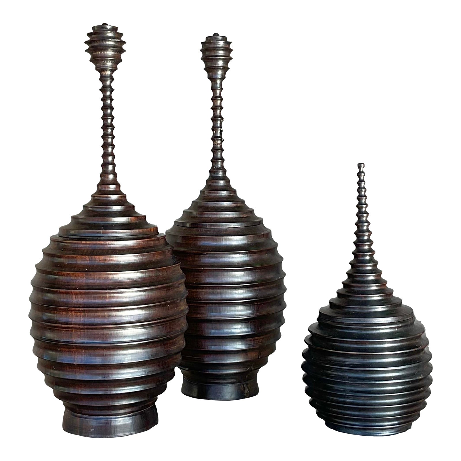 Vintage Boho Turned Wood Small Lidded Vessels - Set of 3 | Chairish
