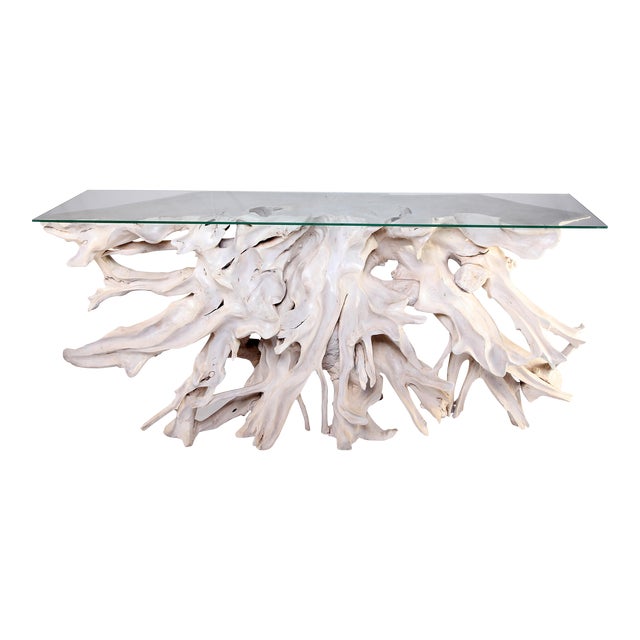 Naturel Teak Root Console Table, 84" Long White Wash | Chairish