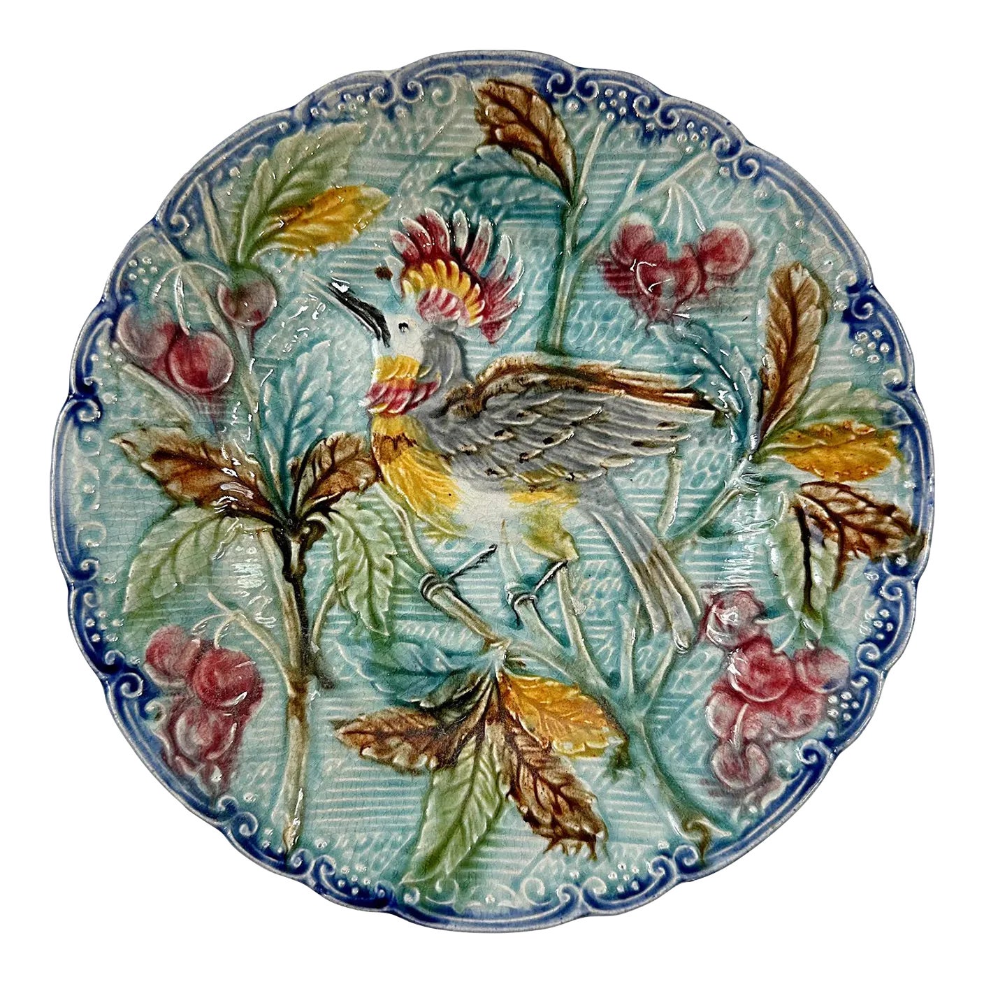 Late 19th Century Belgian Malolica Turquoise Aviary Plate | Chairish