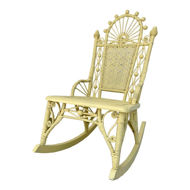 Early 20th C. Meringue Yellow Wicker Rattan Rocker | Chairish