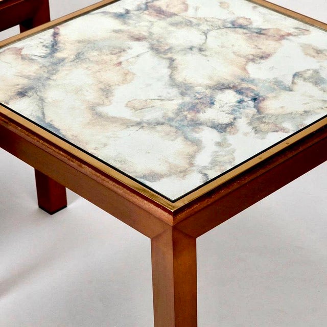 Mid-Century Square Bronze Metal Side Tables with Marbelized Mirror Tops ...