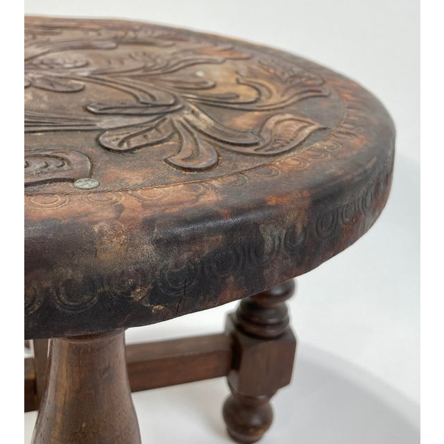Tooled Leather Turned Wood Stool | Chairish