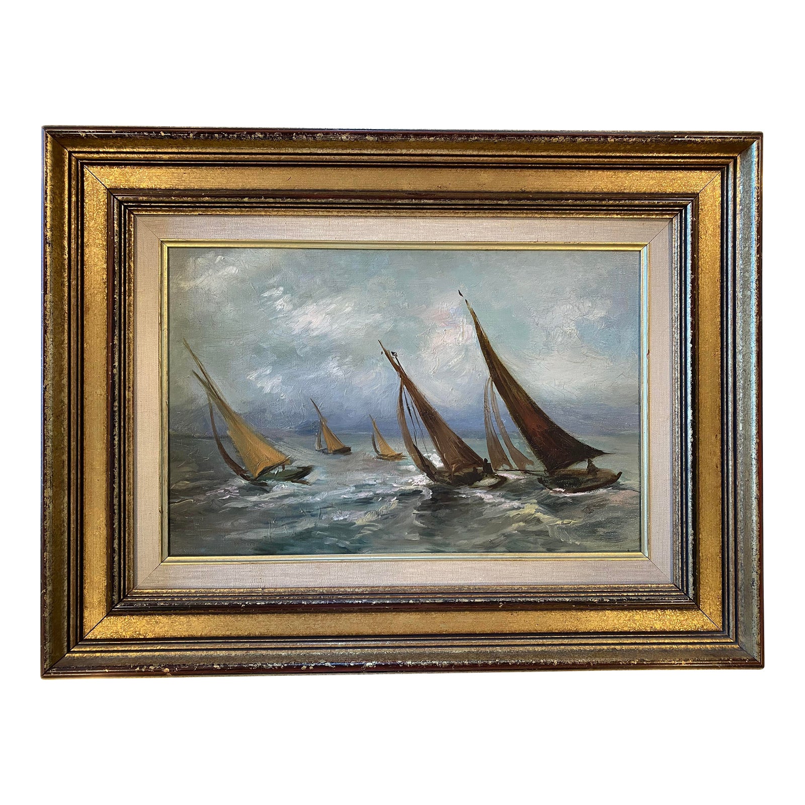 Antique Oil Painting on Canvas, Sailboats in High Winds, Victorian ...