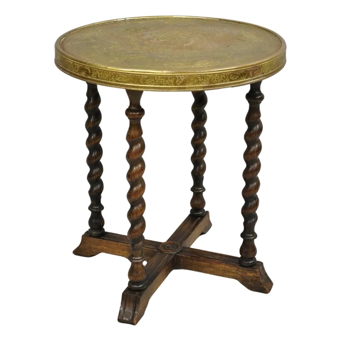 Antique Chinoiserie Oak Barley Twist Chinese Brass Dragon Side Table by ...