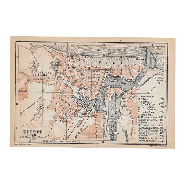 1907 Antique Map of Dieppe France | Chairish