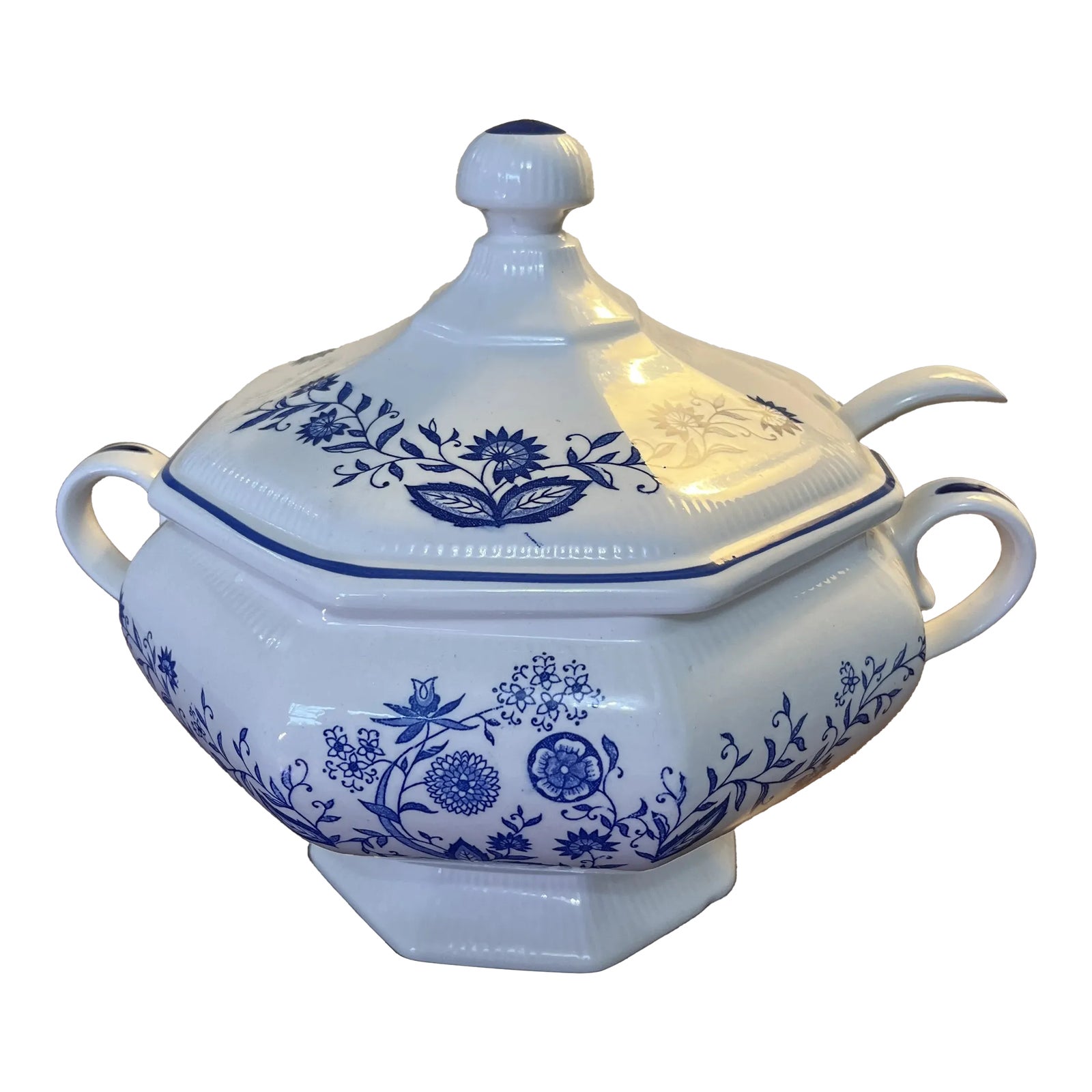 Vintage Blue Onion Design Soup Tureen & Ladle | Chairish