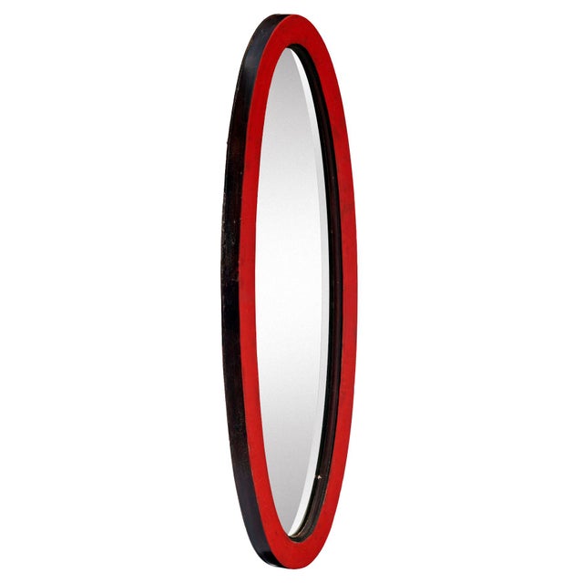 Early 20th Century Slender Oval Beveled Mirror in Ruby Red | Chairish