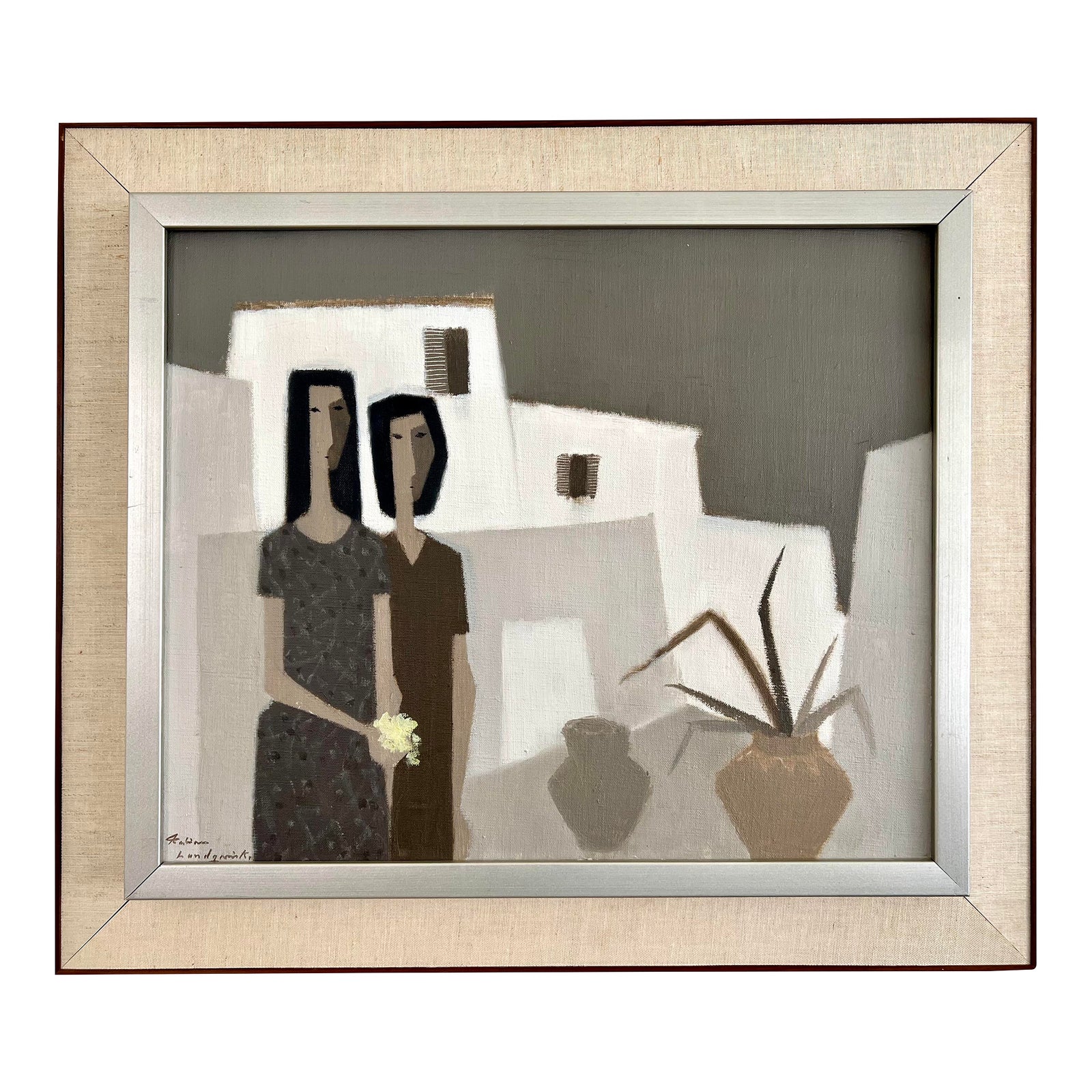 C. 1960s Midcentury Modern "Two Figures" Oil Painting by Swedish Artist ...