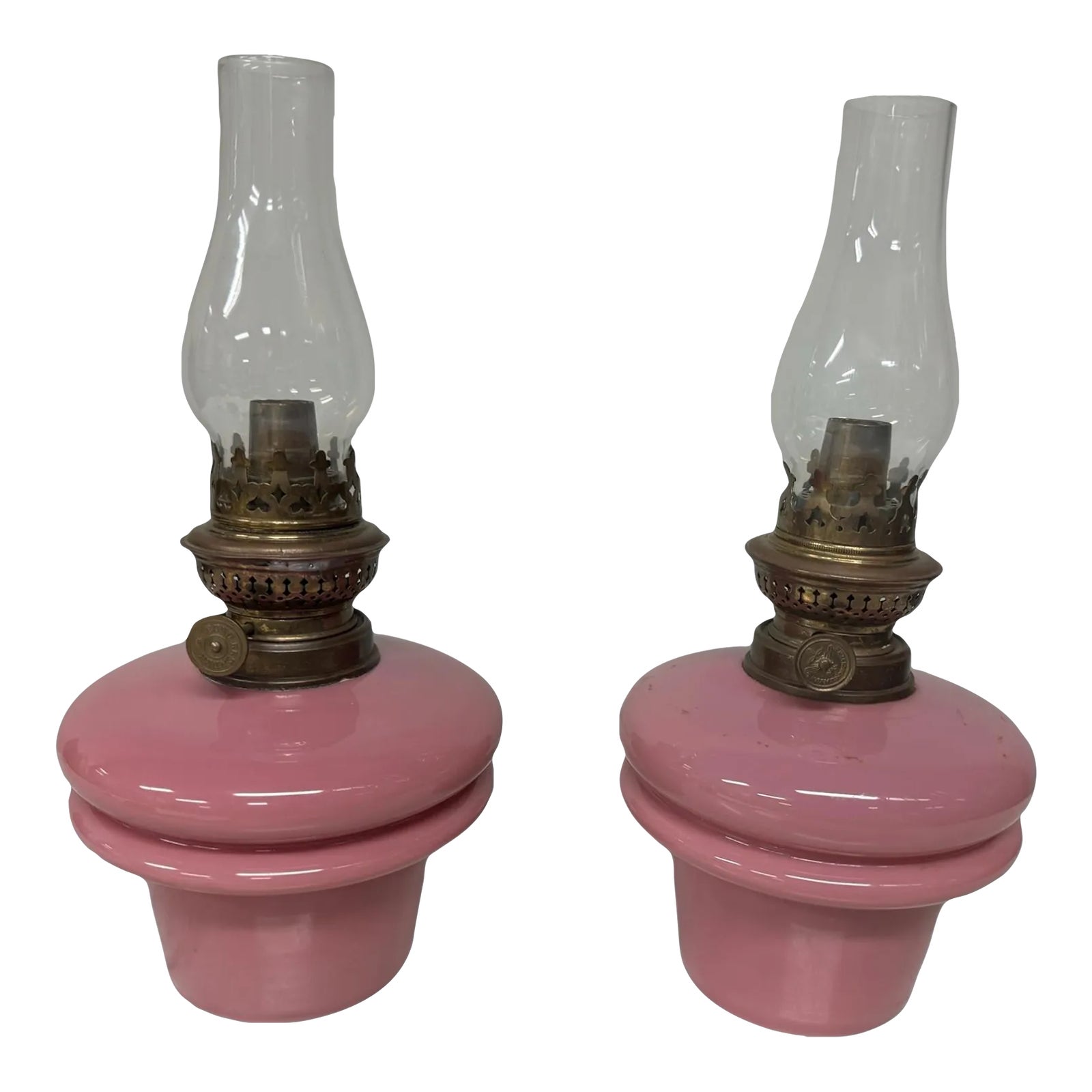 Pair of Antique Victorian Pink Opaline Art Glass Oil Lamp Fonts | Chairish