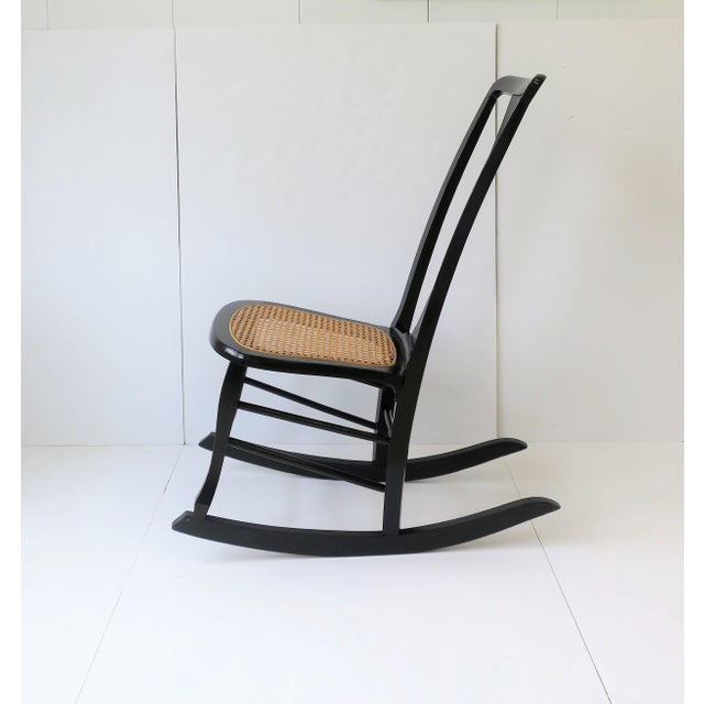 Vintage Mid Century Black Lacquer and Cane Rocking Chair | Chairish
