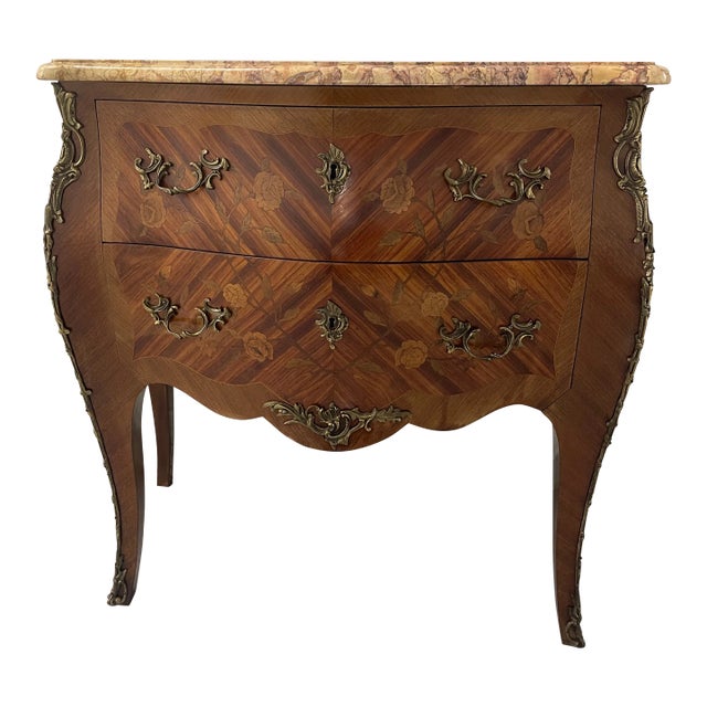 1940s French Louis XV Style Ormolu Marble Top Bombay Chest | Chairish