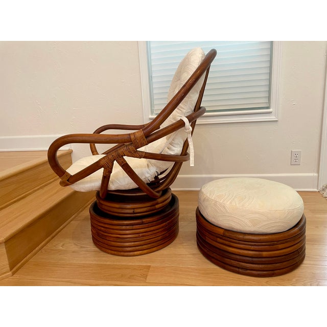 Vintage Boho Bamboo Rattan Swivel Rocking Chair and Ottoman | Chairish