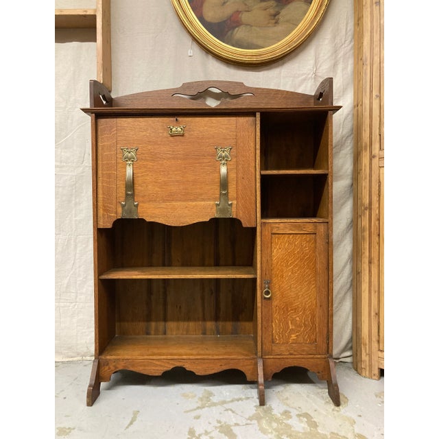 English Oak Arts and Crafts Bureau Bookcase With Brass Strap Detail ...