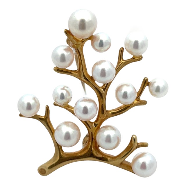 Mikimoto 18k Yellow Gold Pearl Tree Branch Brooch Pin | Chairish