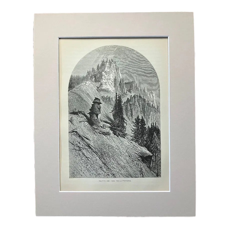 Antique 1874 Wood Engraving "Cliffs on the Yellowstone, WY, Matted ...