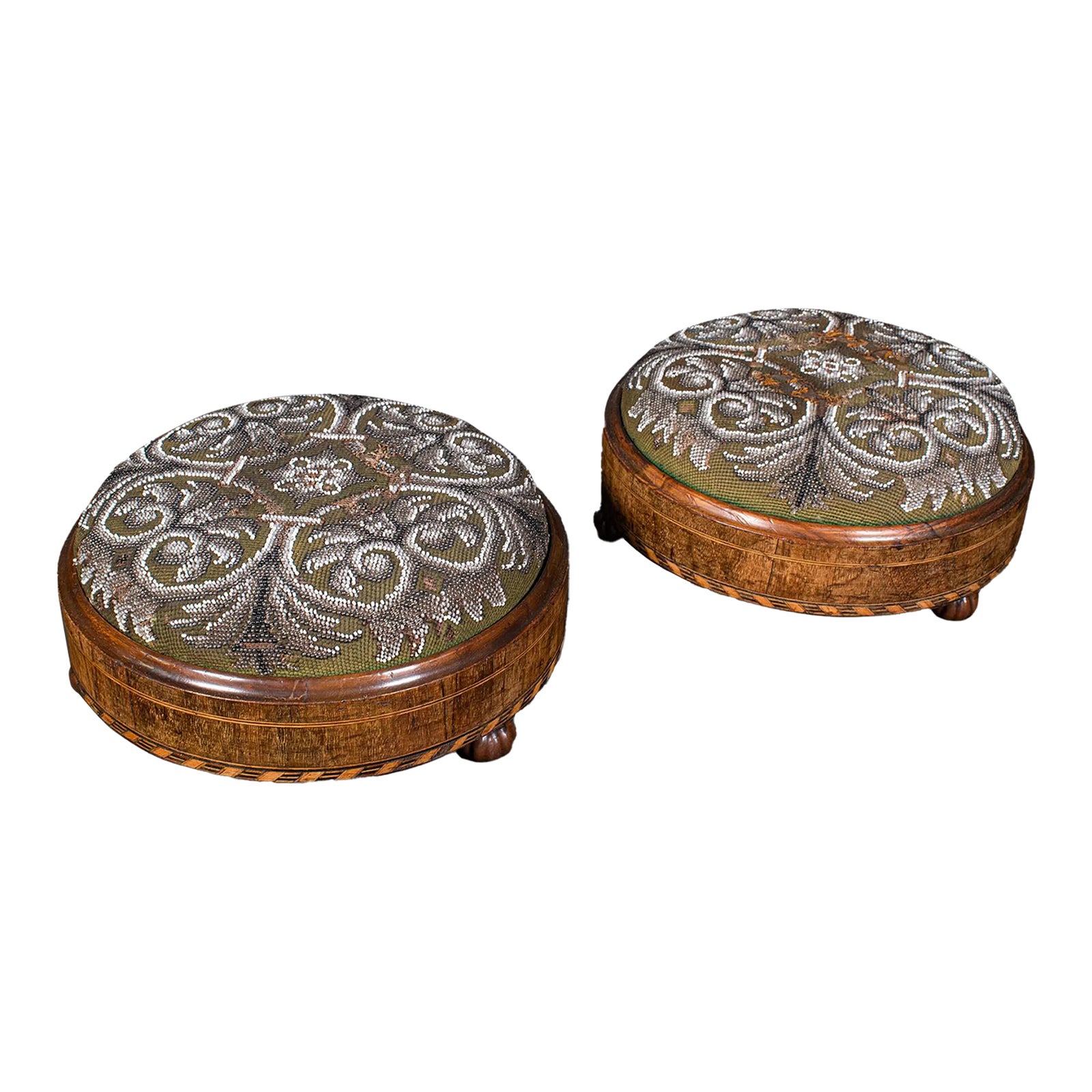 1840's Pair of Antique Victorian Walnut Cushioned Footstools | Chairish