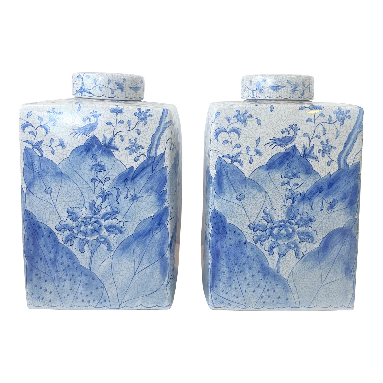 1980's Large Blue & White Tobacco Leaf Tea Jars - a Pair | Chairish